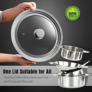 J&C LIFE Universal Lids for Pots, Pans & Skillets (2PCs, Grey) Fits 7-8.5, 10-12 Inch Frying Pan Skillet, Glass Pan Lids with Heat Resistant Silicone Rim, Pan Cover for Cast Iron Skillet Cookware