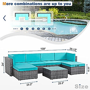Walsunny 7pcs Patio Outdoor Furniture Sets,Low Back All-Weather Silver Gray Rattan Sectional Sofa with Tea Table&Washable Couch Cushions&Ottoman,Blue