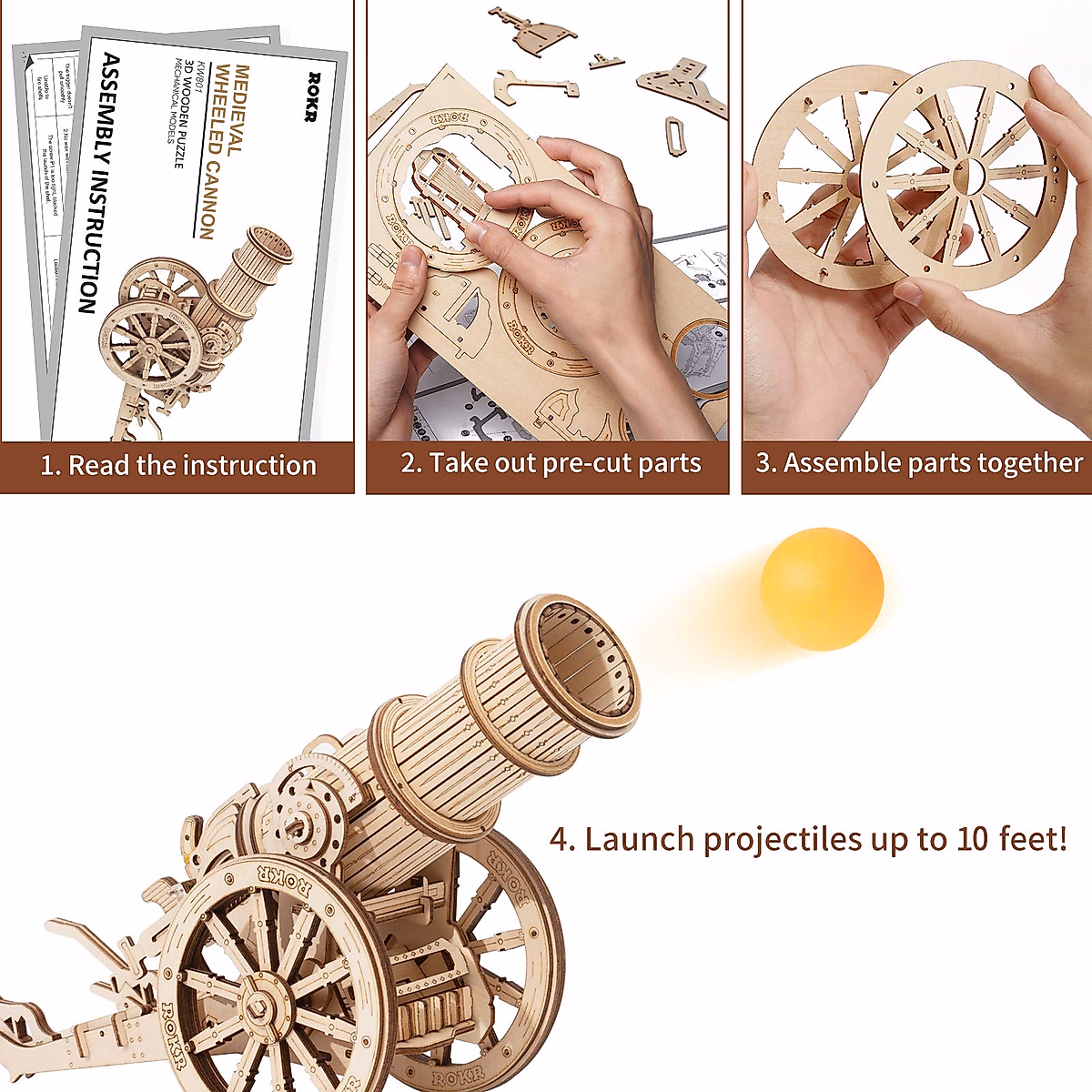 ROKR 3D Wooden Puzzles Model Building Kits Cannon Toys - DIY Wooden Catapult Toys for Kids STEM Educational Projects for Boys/Girls/Adults