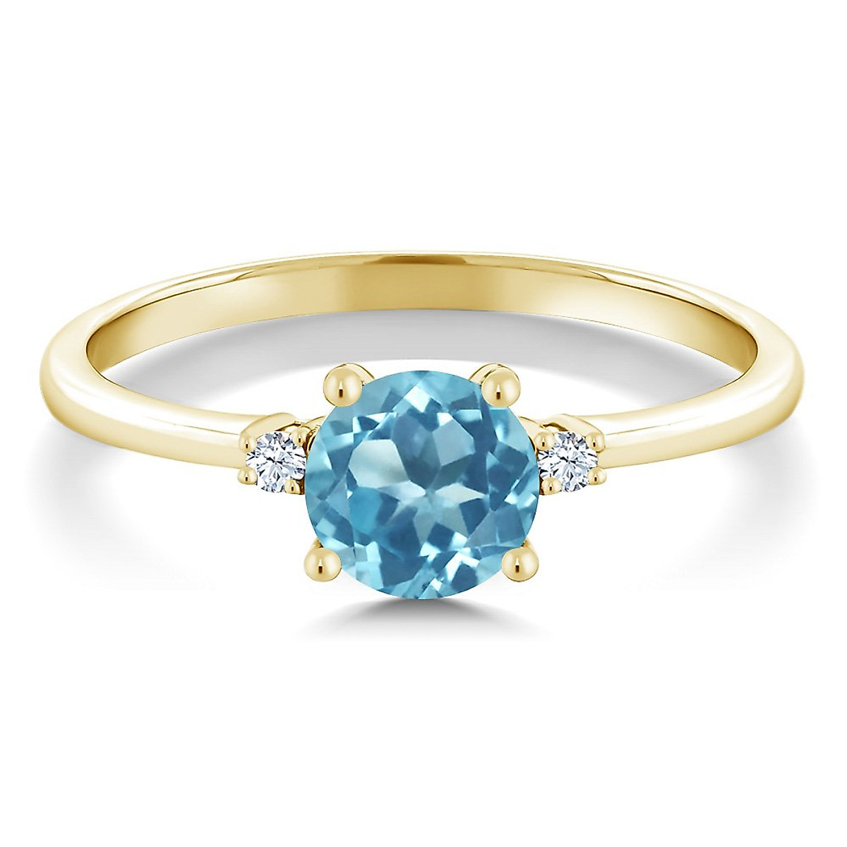 Gem Stone King 10K Yellow Gold Swiss Blue Topaz and White Created Sapphire Solitaire Engagement Ring For Women (0.93 Cttw, Round 6MM, Gemstone November Birthstone, Size 8)
