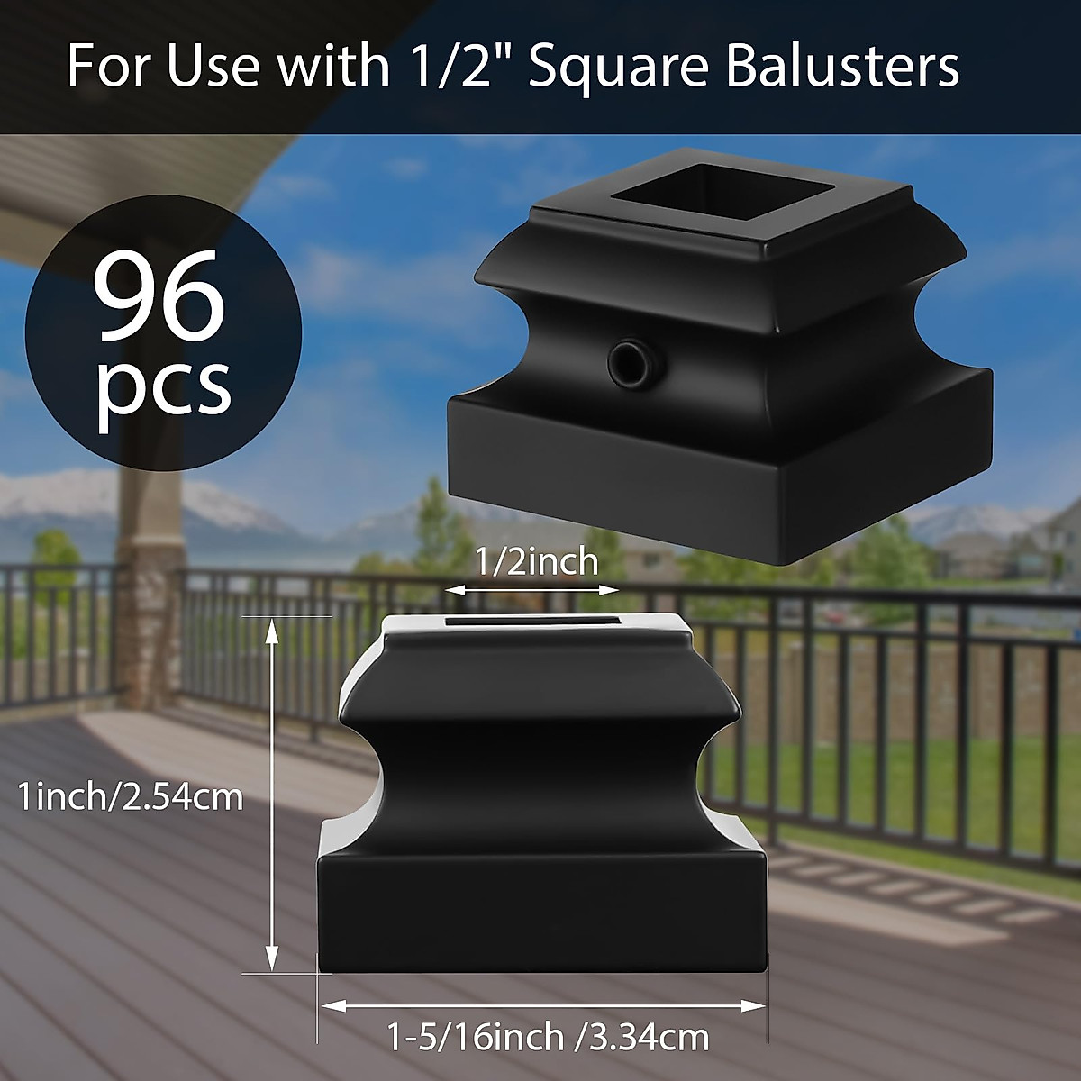 Iron Baluster Shoes Stair Flat Shoe with Screw for 1/2 Inch Square Scroll Basket Twist Knuckle Staircase Balusters Metal Spindle Railing, Satin Black (96 Pcs)