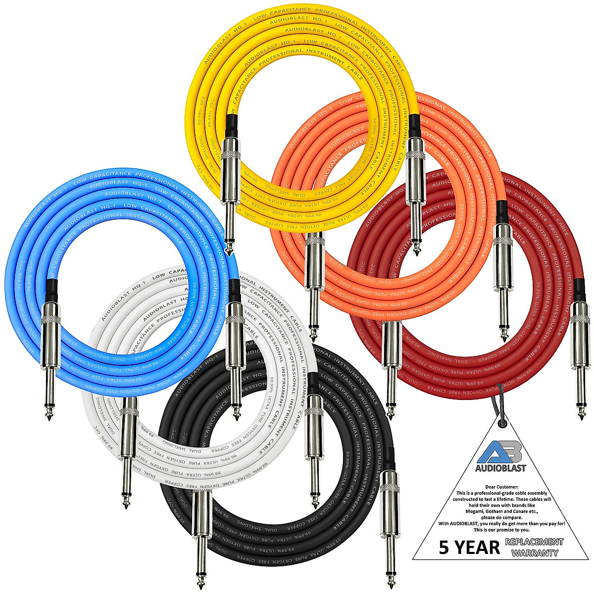 Audioblast - 6 Units (Multi Color) - 8 Foot - HQ-1 - Ultra Flexible - Dual Shielded (100%) - Guitar Instrument Effects Pedal Patch Cable w/Eminence Straight ¼ inch (6.35mm) TS Plugs & Quad Boots