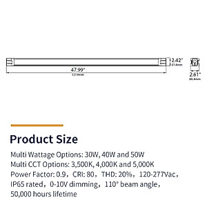 LEDONE 4FT LED Tri Proof Vapor Tight Light, 0-10V Dimmable, 30W/40W/50W Selectable 3500K/4000K/5000K, IP65 Waterproof Outdoor Tri Proof Light, UL DLC NSF Listed, 4PK