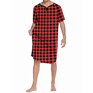 Ekouaer Sleepwear Men's Nightshirt Short Sleeve Pajamas Comfy Big & Tall Henley Sleep Shirt (PAT1,3XL)