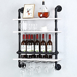 Industrial Pipe Shelf Wine Rack Wall Mounted with 5 Stem Glass Holder,3-Tiers Rustic Floating Bar Shelves Wine Shelf,24in Real Wood Shelves Wall Shelf Unit,Steam Punk Pipe Shelving Wine Glass Rack