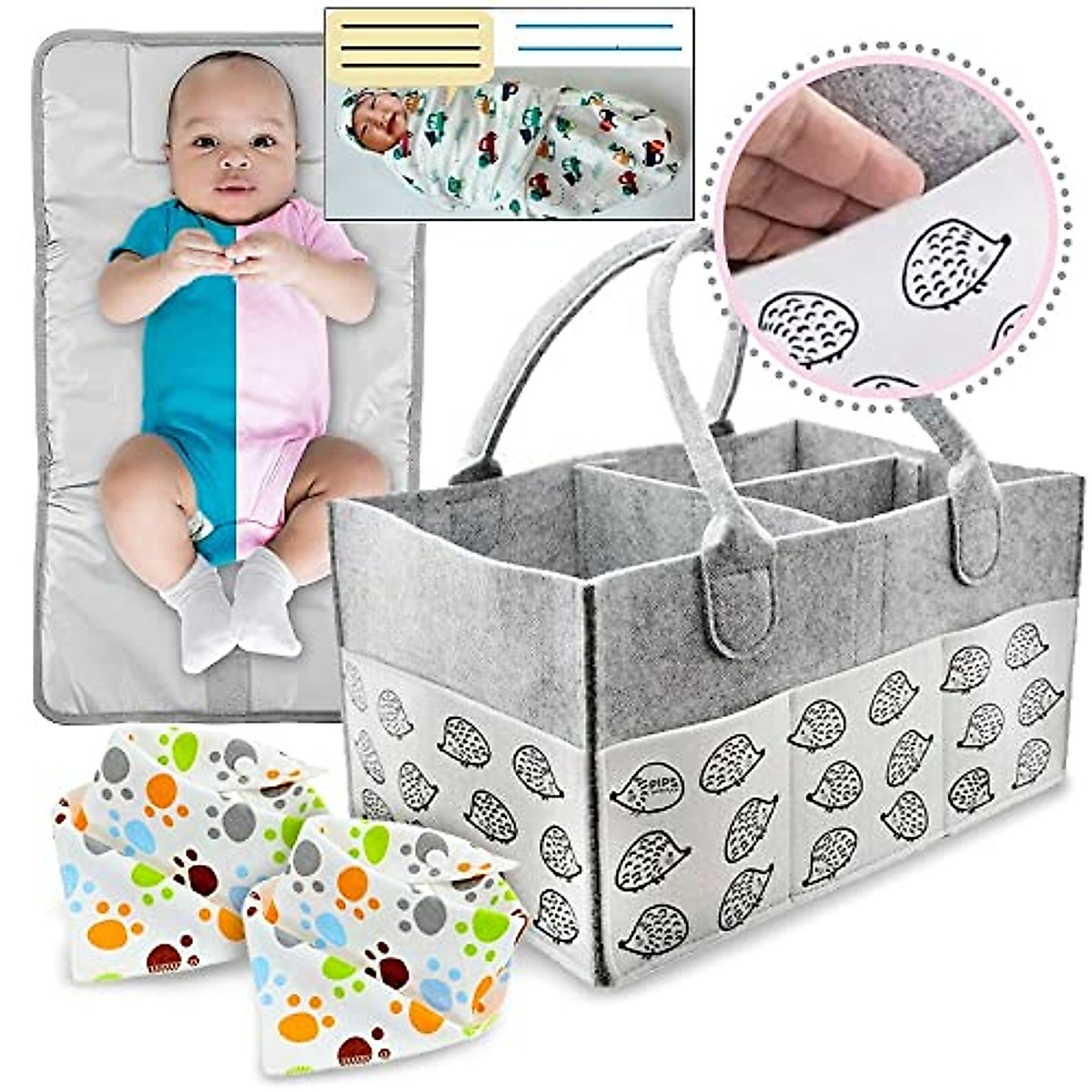 Kuul-Diaper Caddy Organizer-FREE CHANGING PAD MAT & BIBS-Compartments Inserts-Baby Boy Or Baby Girl-Cot, Crib, Pram, Car-Large Diaper Stackers & Caddies-Diaper Changing-Baby Shower Gift-Portable Non Rope Basket -Newborn Essentials Must Haves For Changing