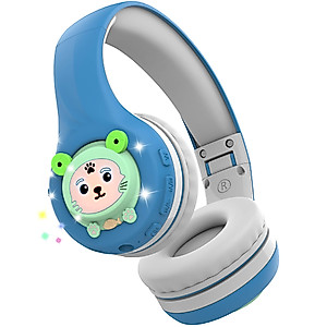 Riwbox FB-7S Frog Kids Headphones Bluetooth, LED Light Up Bluetooth Headphones Over Ear Volume Limited Safe 75/85/95dB with Mic and TF-Card, Children Headphones for School/PC (Blue&Grey)
