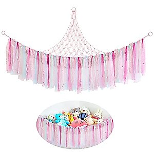 Pink Stuffed Animal Net Hammock, Toy Hammock Hanging Stuffed for Animal Storage with Tassels for for Flat Wall,Nursery Play Room, Kids Girl Bedroom Decor
