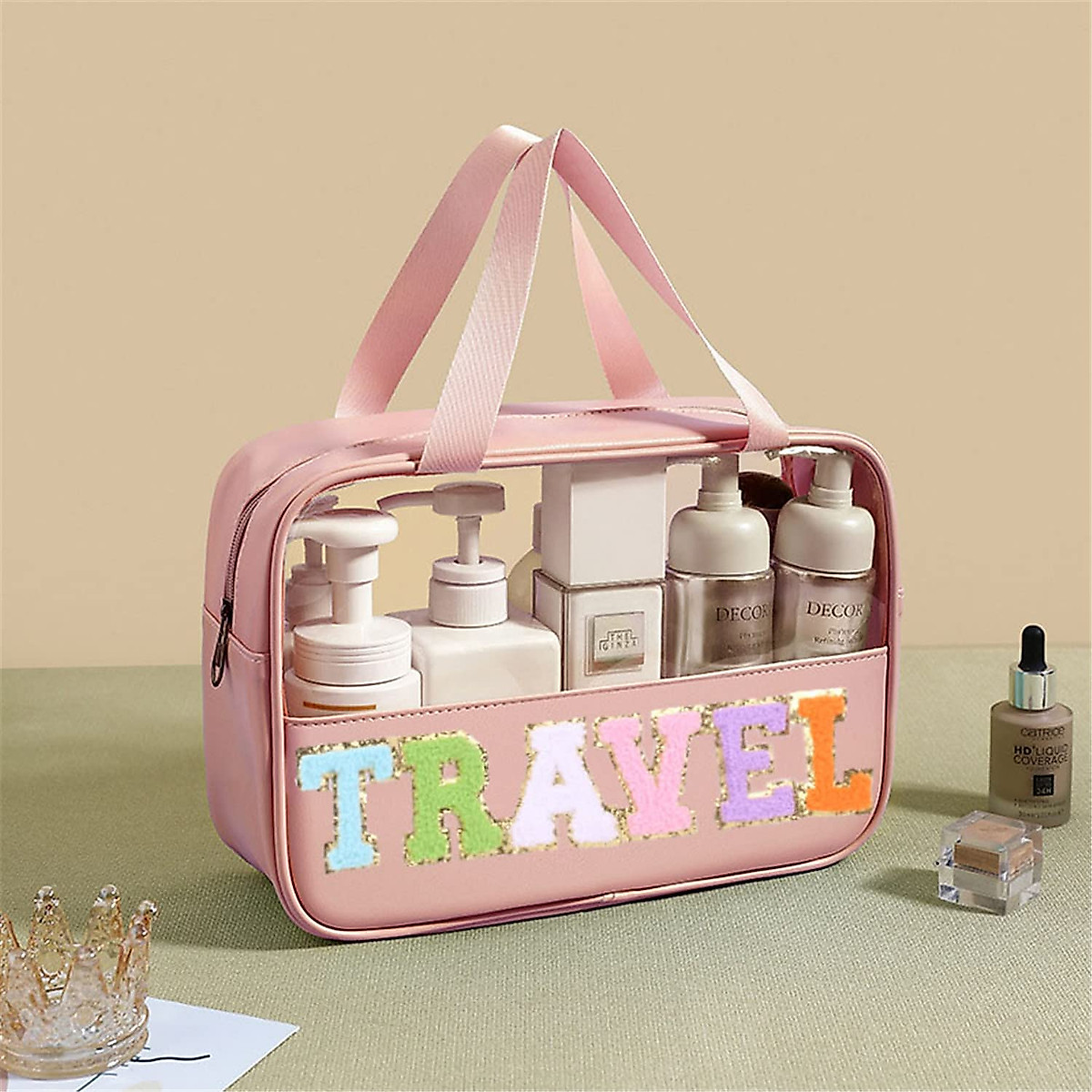 CRUOXIBB Chenille Letter Patch Clear PVC And PU leather Large Travel Makeup Toiletry Storage Bag Waterproof Makeup Tote Bag for Women (Travel-Pink)