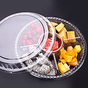Lyellfe 30 Pack Plastic Appetizer Tray with Lid, Disposable Veggie Fruit Snack Tray with 5 Compartment, 9.5 Inch Heavy Duty Clear Round Food Container Platter for Salad, Nut, Olive, Party