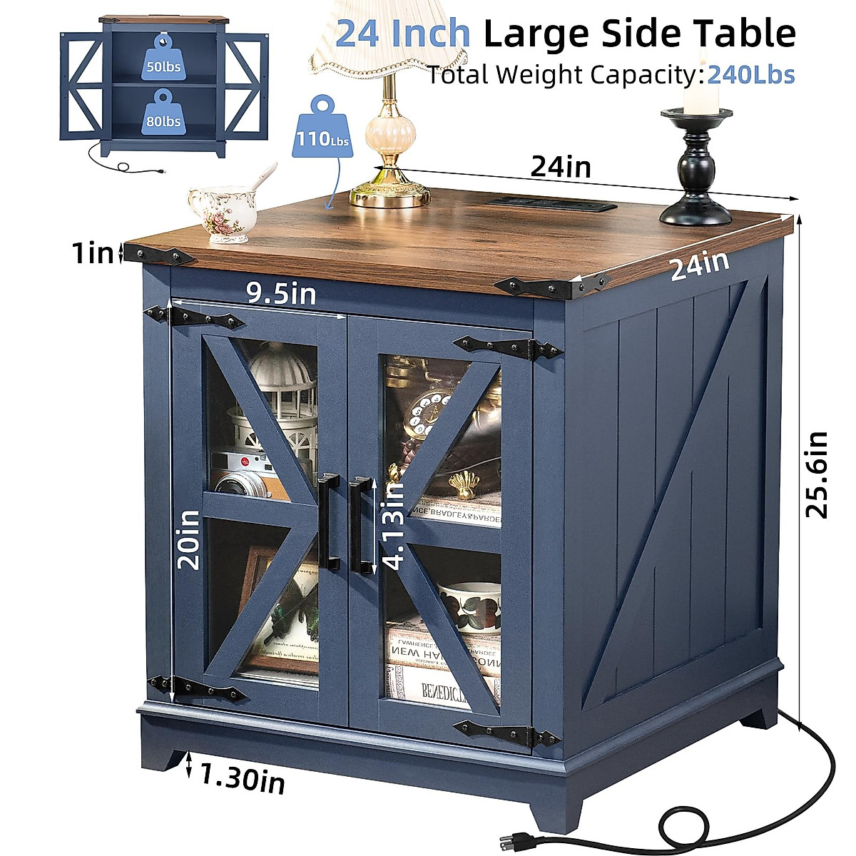 Joaxswe Farmhouse End Table with Charging Station, 24" Large Sofa Side Table with Glass Barn Door, Blue Nightstand with Adjustable Storage Shelf,Wood Square Bedside Table for Living Room,Bedroom