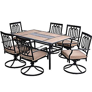 PHI VILLA 7-Piece Outdoor Furniture Dining Set, 1 Rectangle 60"x 37" Large Umbrella Table, 6 Swivel Chairs Furniture Set for Outdoor Garden Lawn Pool Metal Frame Easy to Care Weather Resistant