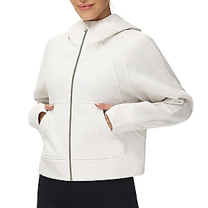 THE GYM PEOPLE Women's Full-Zip Up Hoodies Jacket Fleece Workout Crop Tops Sweatshirts with Pockets Thumb Hole Off-white