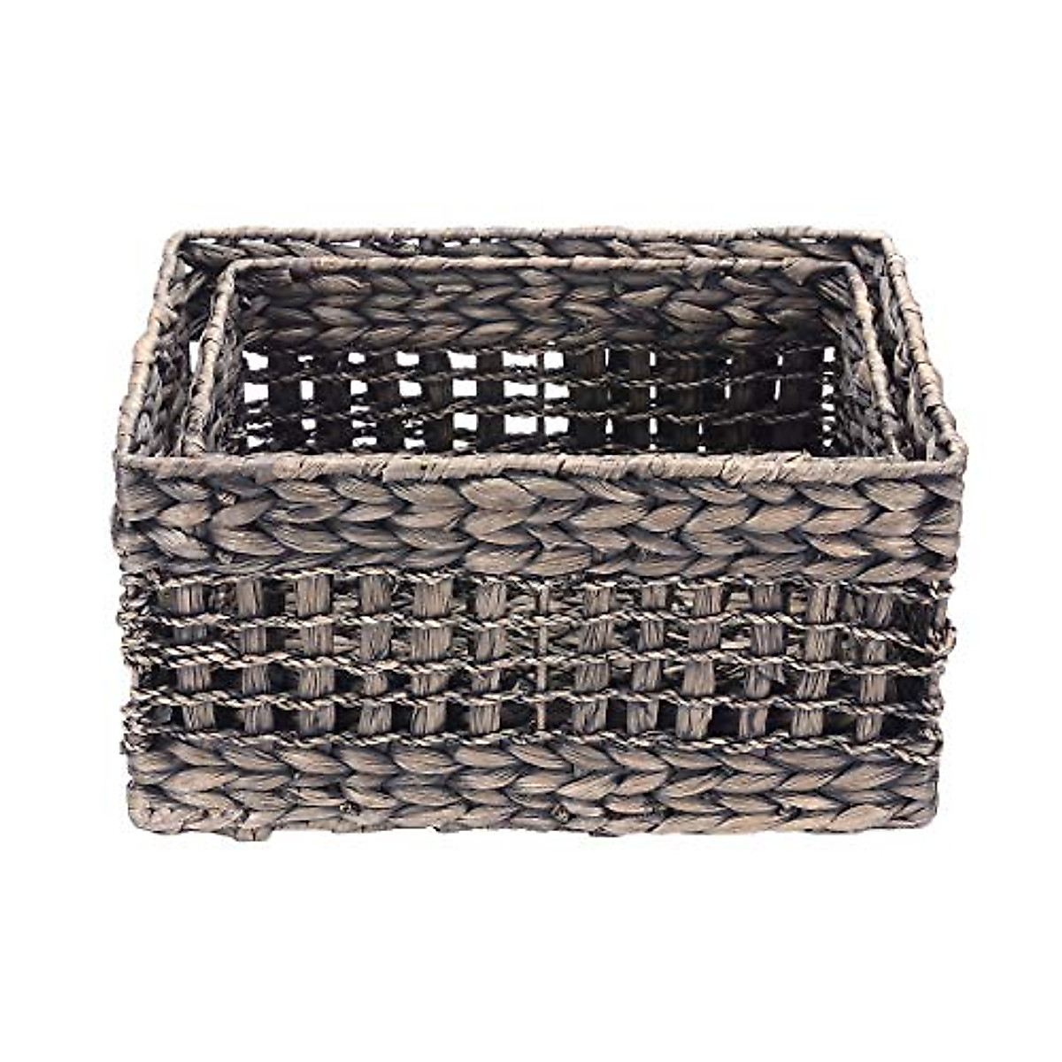 Villacera Rectangle Hand Weaved Wicker Baskets made of Water Hyacinth | Nesting Black Seagrass Bins | Set of 2