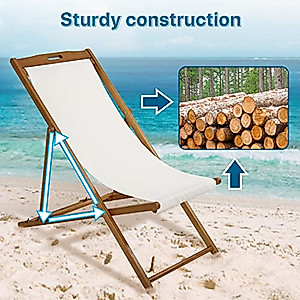 Beach Sling Chair Set of 2, Outdoor Folding Wood Beach Chair with White Polyester Canvas, 3 Level Adjustable Height Patio Lounge Chair