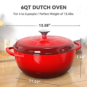 magicplux Dutch Oven Pot with Lid, Enameled Cast Iron Dutch Oven 6 Quart, Cast Iron Pot for Cooking, Red