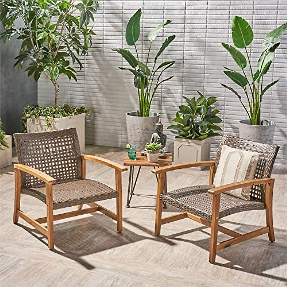 Great Deal Furniture Viola Outdoor Wood and Wicker Club Chairs (Set of 2), Teak Finish and Mixed Mocha