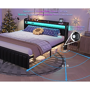 LoVinson Queen Bed Frame with Storage Headboard and LED Sensor Lights, Upholstered Headboard with Charging Station, Metal Platform Bed with Drawers, Noise-Free, Non-Slip, Black