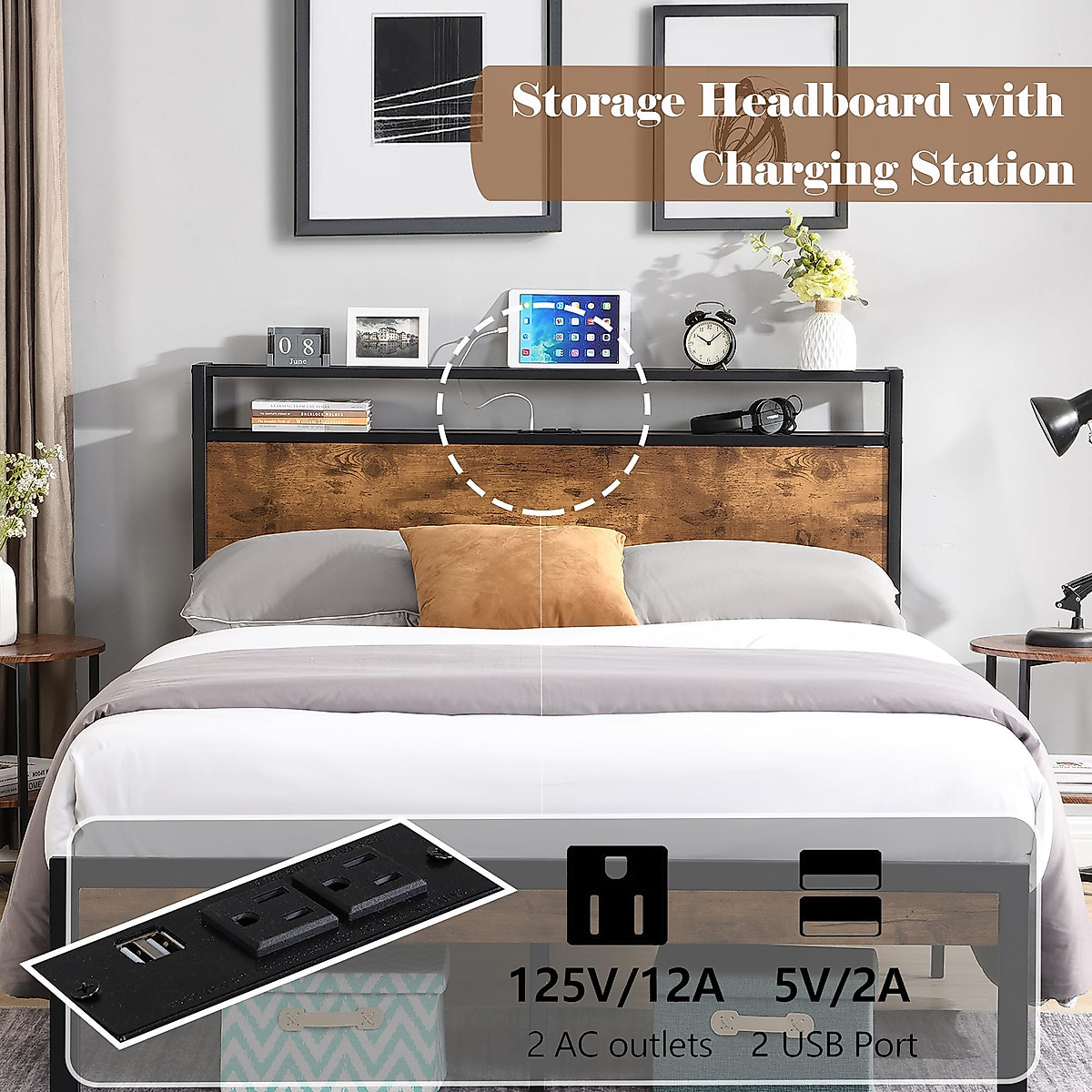 QKFF Full Size Bed Frame, Metal Bed Frame with Wooden Storage Headboard Outlet & USB Port, Solid and Stable, Noise Free, No Box Spring Needed (Full)