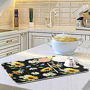 Sunflowers Chamomile Cornflowers Black Dryer Kitchen Dish Drying Mat 18 x 24 18 x 24 Dish Drainer Tray Kitchen Accessories for Countertop Dish Mat