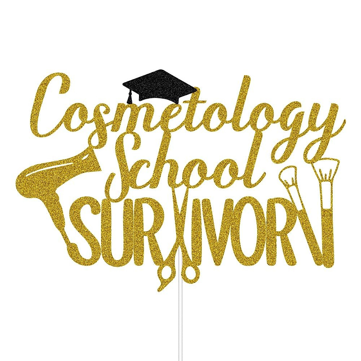 MFULHUBA Cosmetology School Survivor Cake Topper, You Did It, Congrats Barber/Hairdresser/Hairstylist, Congratulations, 2024 Graduation Party Decorations Gold & Black Glitter