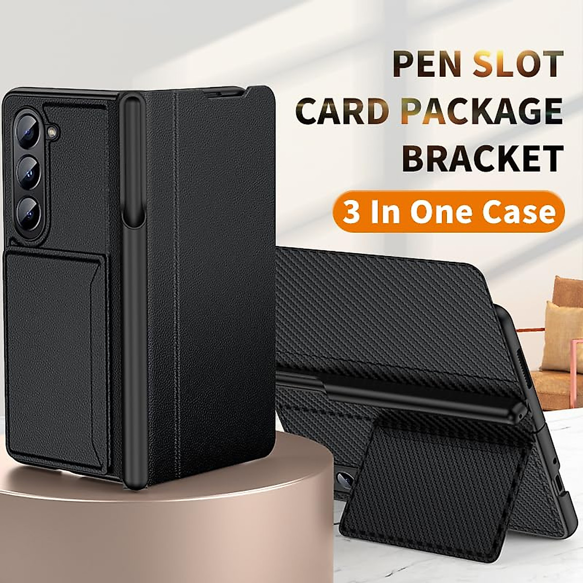 ioiFour Wallet Case for Samsung Galaxy Z Fold 5 with S Pen Holder and Kickstand, Artificial Leather Fully Wrapped Noble and Elegant Fully Protected Hard Case (Carbon Fiber Texture)