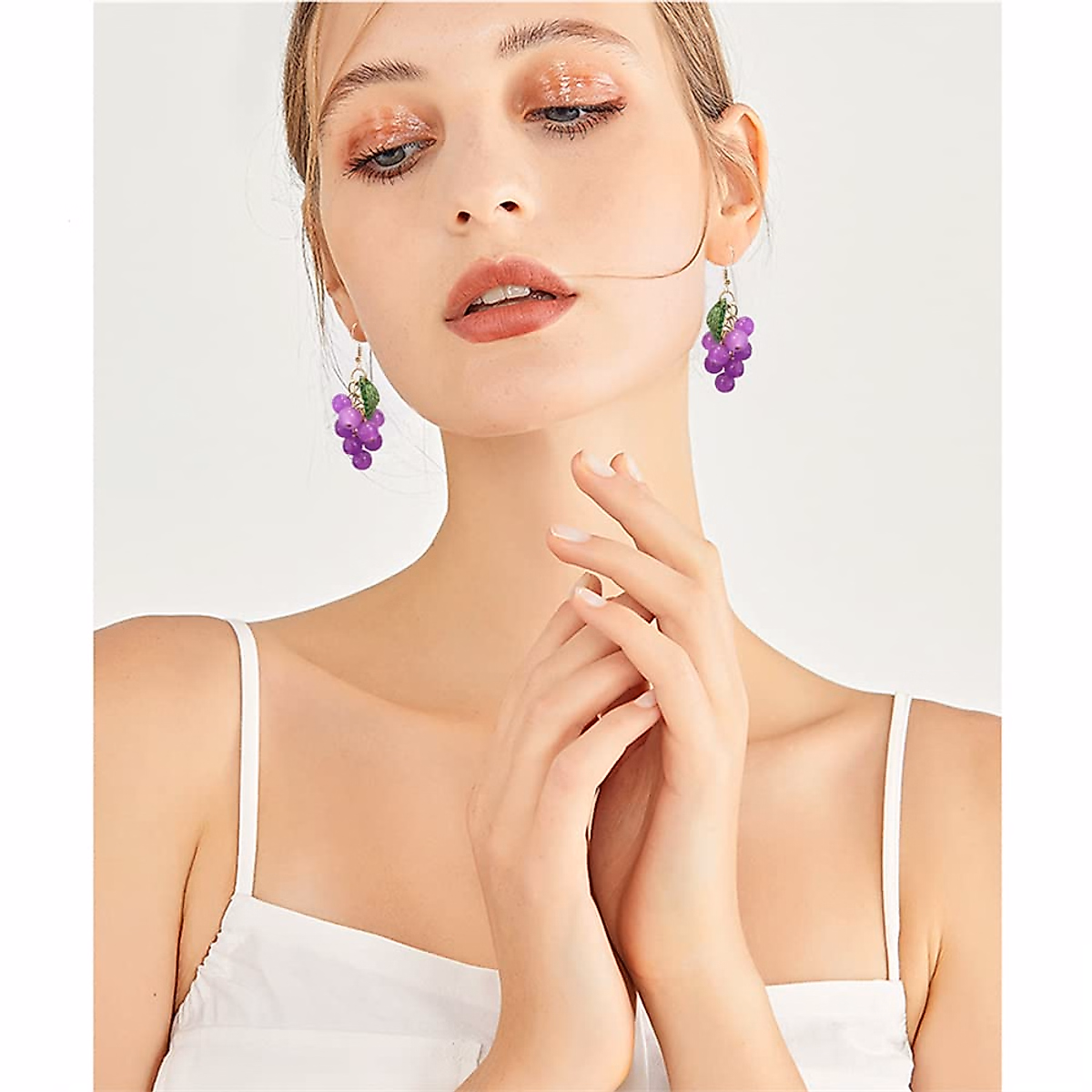 DIYANMMY 3D Green Grapes Drop Earrings Cute Fruit Pink Peach Acrylic Gold Dangle Earrings for Women Charm Jewelry Gift (purple Grape Earrings)