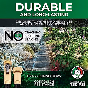 LightHose Garden Hose, NON-EXPANDABLE Garden Hose, Super Light Weight Hose, No Burst, 3/4 inch Solid Brass Connectors, 50 Ft, Black