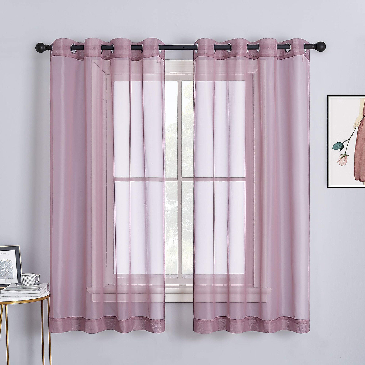 NICETOWN Bedroom Sheer Curtains 63 inch Length for Princess Bedroom, Grommet Top Voile Textured Window Curtains Light and Airy Drapes for Children Room, 54'' W, 1 Pair, Purple,Adult