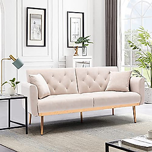 Woanke, Mid Century Velvet Fabric, Modern Folding, Convertible Futon Bed, Recliner Couch Accent Loveseat Sofa with Rose Gold Metal Feet, Beige