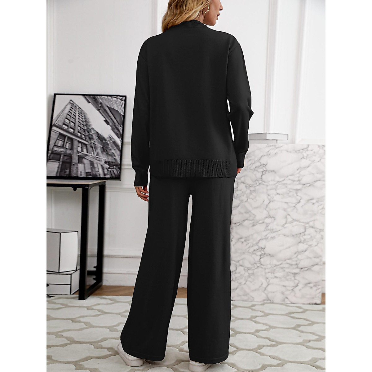 SuperPrity Lounge Sets for Women Two Piece Outfits Knit Sweater Top Wide Leg Pants Matching Sets Sweatsuits 2024 Fall Fashion-L,Black