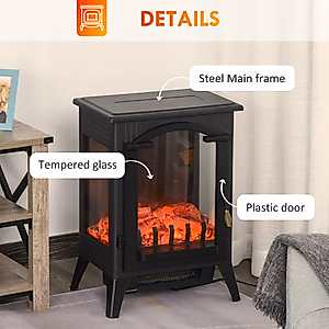 HOMCOM 23" Electric Fireplace Heater, Fire Place Stove with Realistic LED Flames and Logs and Overheating Protection, 750W/1500W, Black