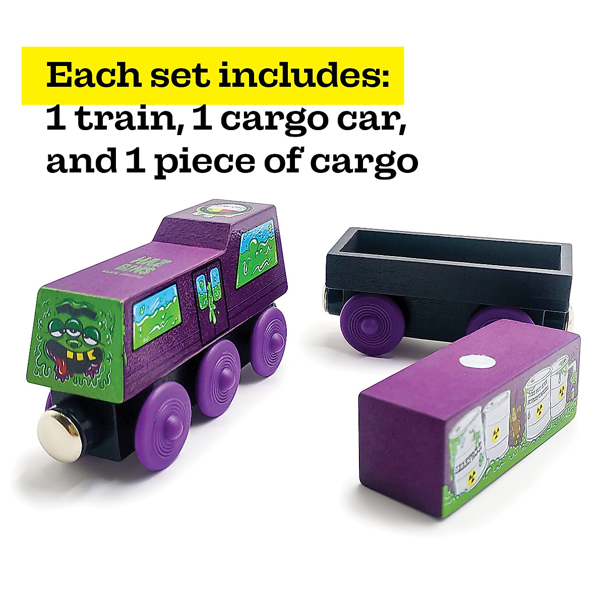 ZANY TRAINS Series 1 - Wooden Train Set with Cargo - Compatible with All Wooden Train Sets - Wooden Train Cars (Toxic Ted)