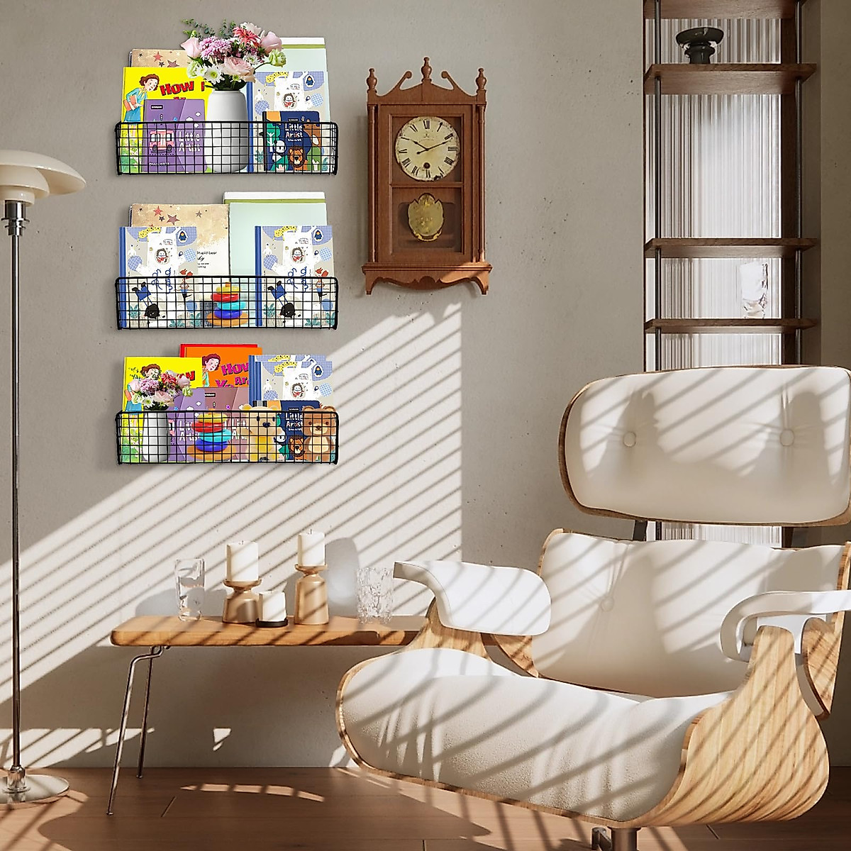 Wensdr Wall Mounted Metal Kids Bookshelf, Metal Wire Storage Bookshelf, Floating Book Shelves for Kids Room, Metal Hanging Bookshelve Organizer for Room Decor (Black, 5 Pack)