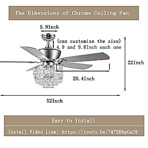 Tropwellhouse 52Inch Crystal Ceiling Fan with Lights 3 Speed Remote Control Elegant Crystal 5 Wood Blades Chrome Ceiling Fan Decoration Home