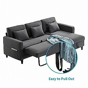 CECER Convertible Sofa Bed with Storage Chaise, L-Shaped Modern Couch with Side Pockets, Upholstered Linen Sectionals with Sleeper for Living Room/Home Office/Easy Assembly - Gray