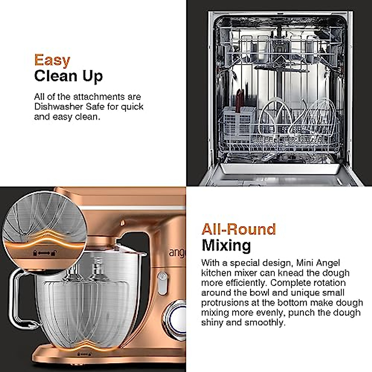 Mini Angel Stand Mixer,10-Speed Kitchen Electric Mixer,Tilt-Head Food Mixer with Dough Hook, Wire Whisk, Flat Beater, Stainless Steel Bowl (5.5QT, Yellow)