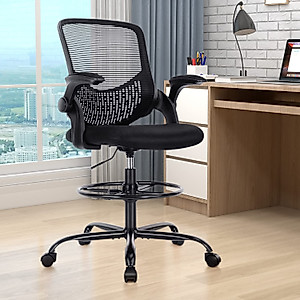 Drafting Chair, Standing Desk Chair, Tall Office Chair, Counter Height Office Chairs, Ergonomic Computer Task Chair, Adjustable Mesh Office Chair with Flip-up Armrests and Foot-Ring, Black