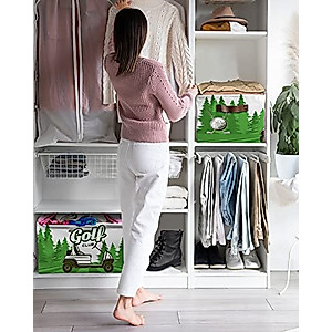 Golf Cart Storage Baskets for Organizing, Golf Club Green Field Pine Tree Balls Sports Theme Fabric Storage Bins for Shelf, Collapsible Cube Bin with Handles for Closet（15''x11''x9.5''）