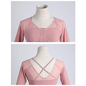 Daydance Pink Women Ballet Leotards Long Sleeve Ballerina Practice Wear Faux 2 Pieces