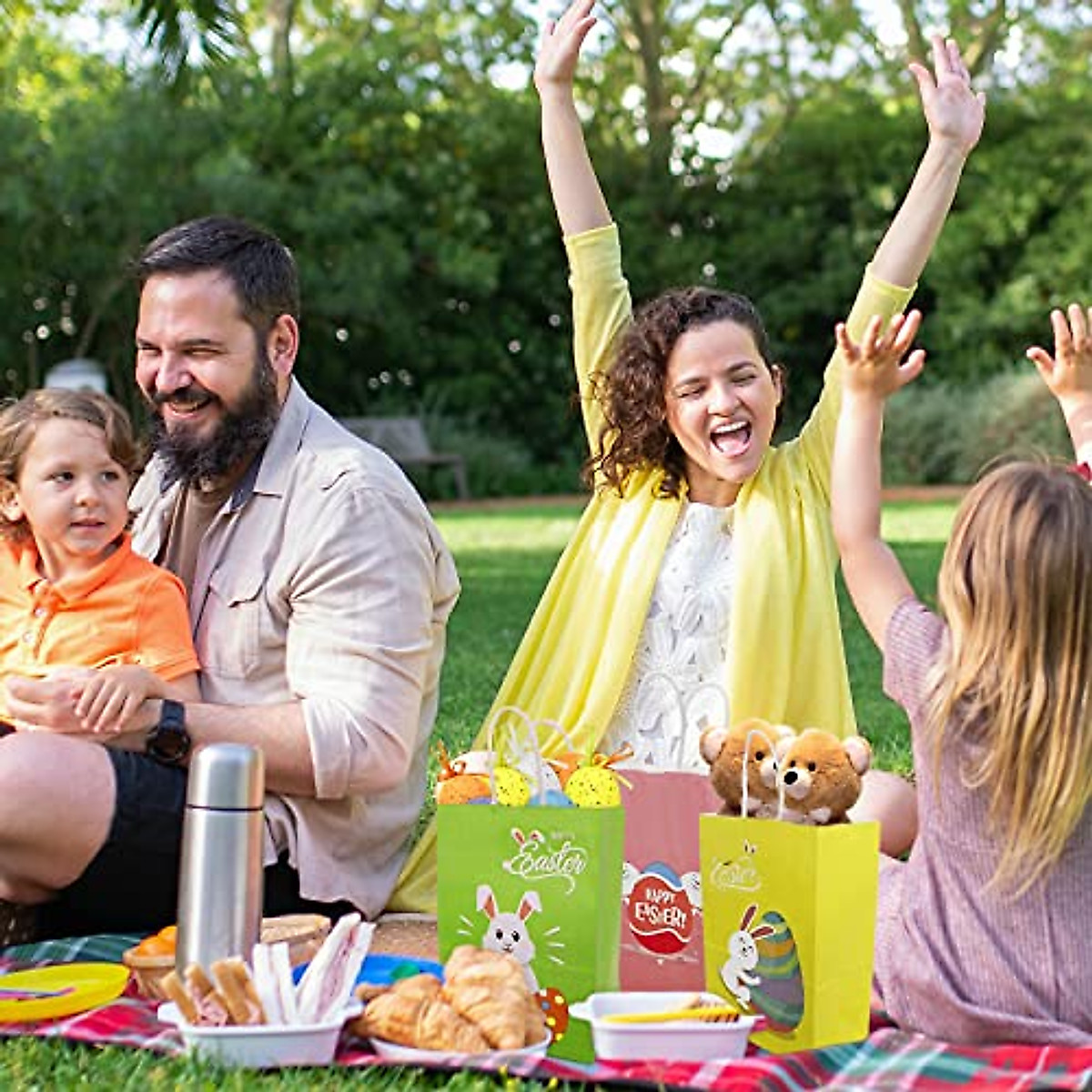 16Pcs Easter Gift Bags Bunny Paper Treat Bags with Handle Easter Egg Hunts Party Favors Cookie Candy Gift Wrapping, 4 Styles Easter Basket