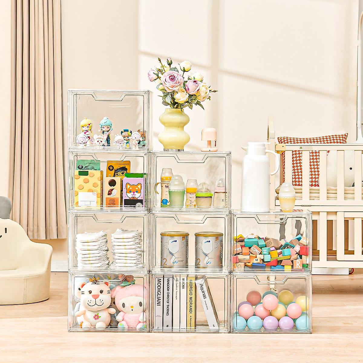 5 Pack Clear Storage Bins with Lids, Storage Containers with Magnetic Door, Stackable Acrylic Display Case for Handbags, Cosmetic, Multifunctional Storage Boxes for Dorm, Living Room, Bedroom Storage