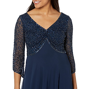 J Kara Women's 3/4 Sleeve V-Neck Beaded Top Long Gown, Navy/Mercury, 14