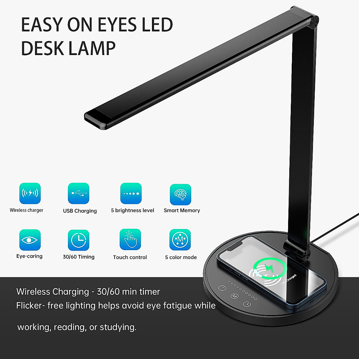 Fugetek LED Desk Office Lamp with Wireless Charger & USB Charging Port, 5 Light Color Modes, 5 Brightness Modes, Dimmer, Easy Touch Control, 30/60 Min Auto Off Timer, Eye-Caring, Black