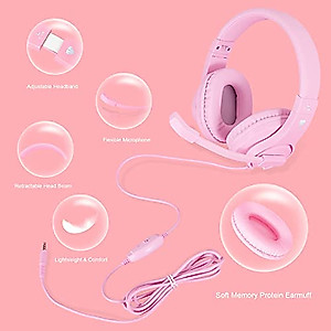 Gaming Headset for PS5,PS4,Xbox,PC, Kids Headphones with Mic for School Supplies,Pink Headphones Wired for Girls,Headset for Nintendo Switch,Pink Headset (Pink)