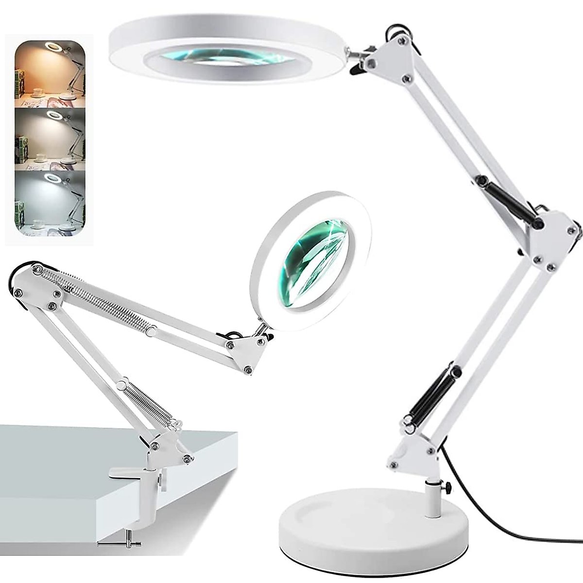 Magnifying Glass with Light and Stand - 2-in-1 Stepless Dimmable LED Magnifying Desk Lamp with Clamp - 3 Color Modes Lighted Magnifier Lens Swivel Arm Light for Reading, Craft, Close Works