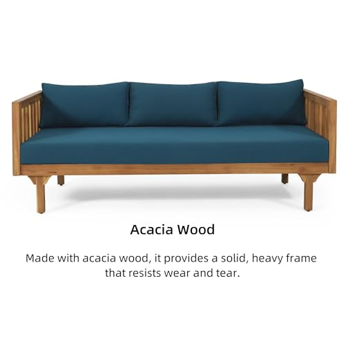 Merax Outdoor 3 Seater Daybed, Acacia Wood Day Bed Couch Sofa with Cushions for Patio Backyard, Garden, Blue