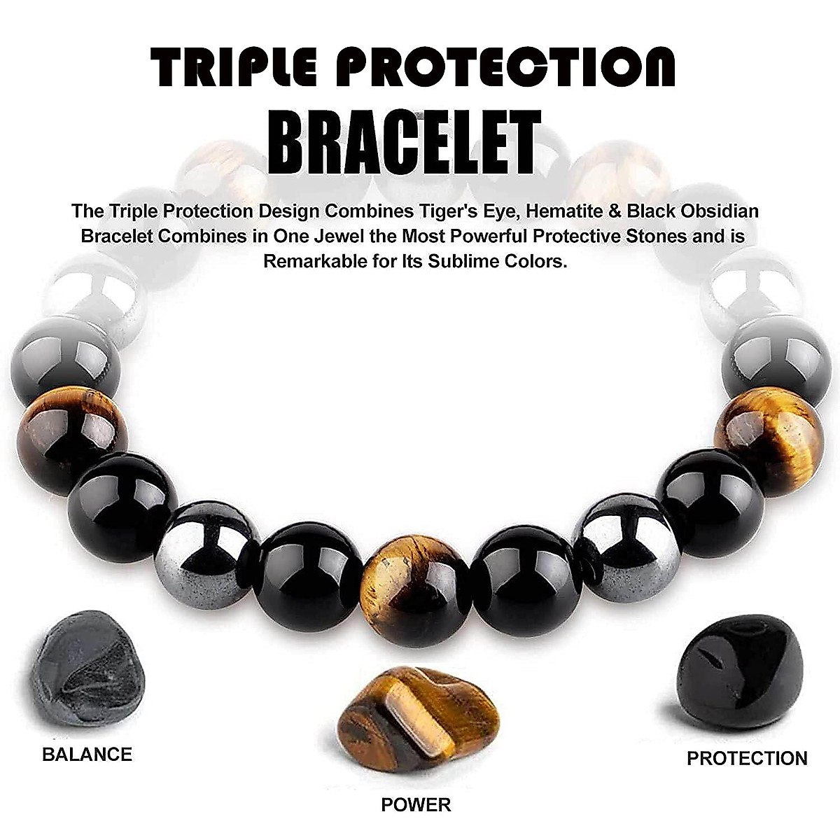 7 Chakra Yoga Meditation Bracelet Protection Bracelet , Double Layer Natural Gemstone Beads Bracelets，Tigers Eye Black Obsidian Hematite Black Agate Healing Crystal Bracelet,Feng Shui Handmade