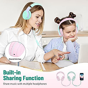 rockpapa Share 1 Kids Headphones Wired with Microphone & Share Port, 85dB/94dB Volume Limited, Cute Foldable Student Child Boys Girls Headphones for School/Classroom/Travel Pink/Green