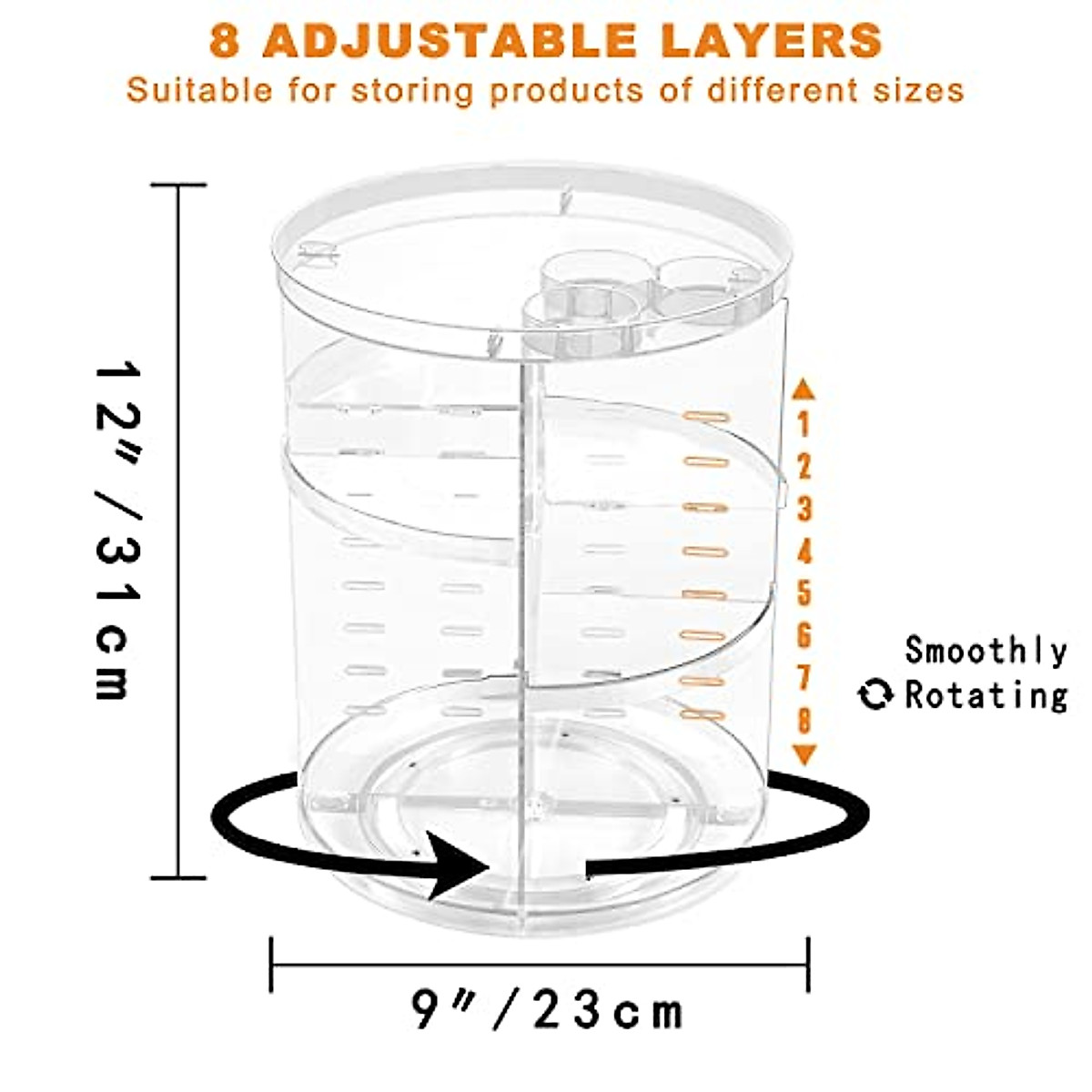 Rotating Makeup Organizer, DIY 8 Adjustable Layers Spinning Skincare Organizer, Cosmetic Display Case with Brush Holder Perfume Tray, Multi-Function Storage Carousel for Vanity Bathroom Countertop